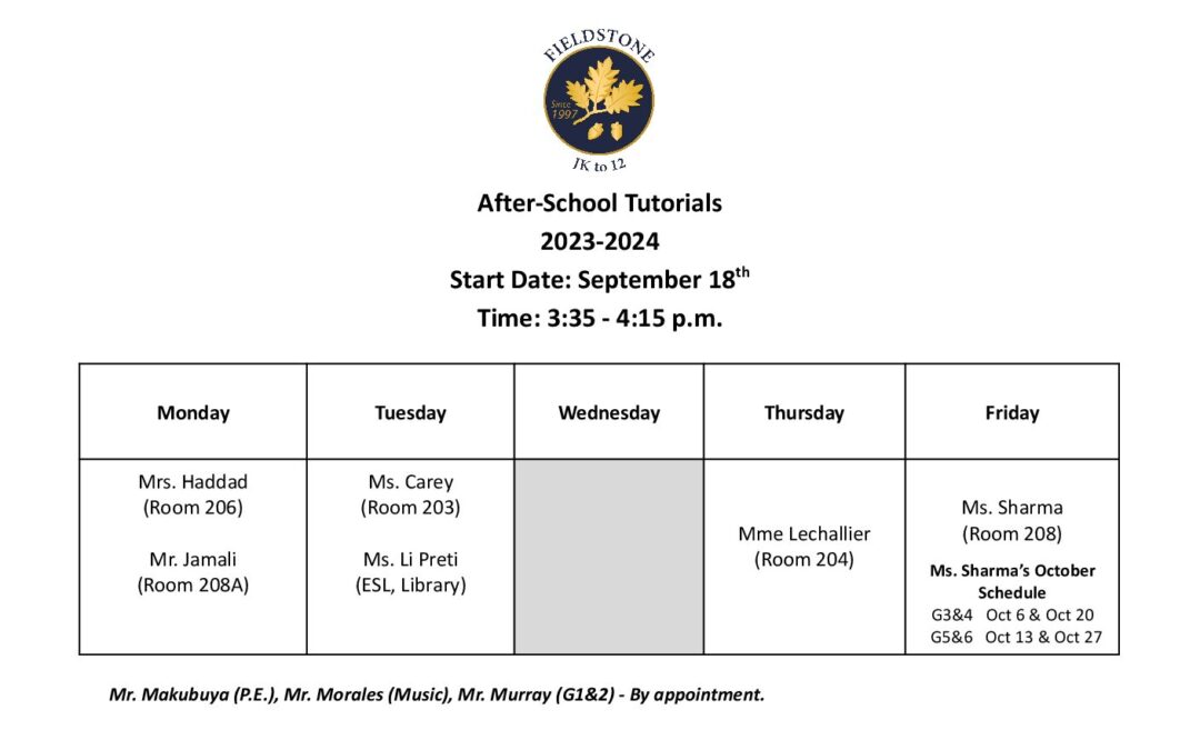 Tutorial Schedule 2023-2024 UPDATED (1) | Fieldstone Day School